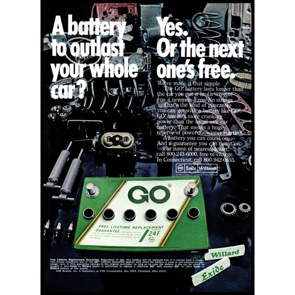 ESB | Art | 97 Willard Exide Go Car Battery Vintage Print Ad Car Parts ...
